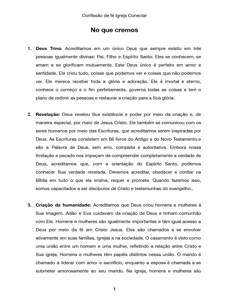 Confissão de Fé da Igreja Conectar | PDF | Fé | Jesus