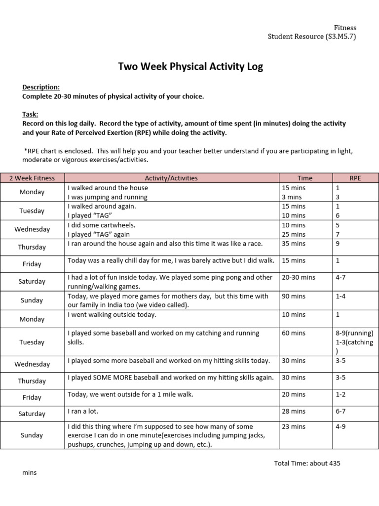 3 Week Physical Activity Log | PDF | Physical Fitness