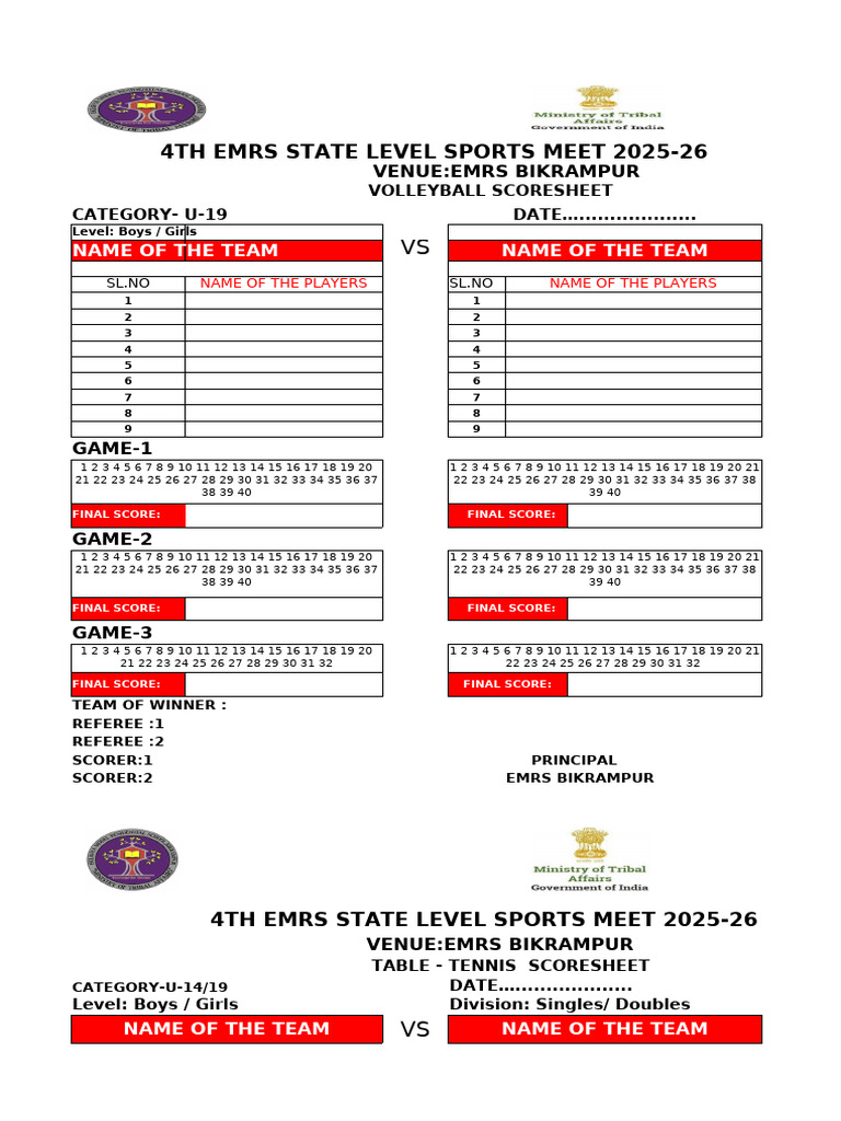 EMRS Sports Meet Score Sheets 2025-26 | PDF