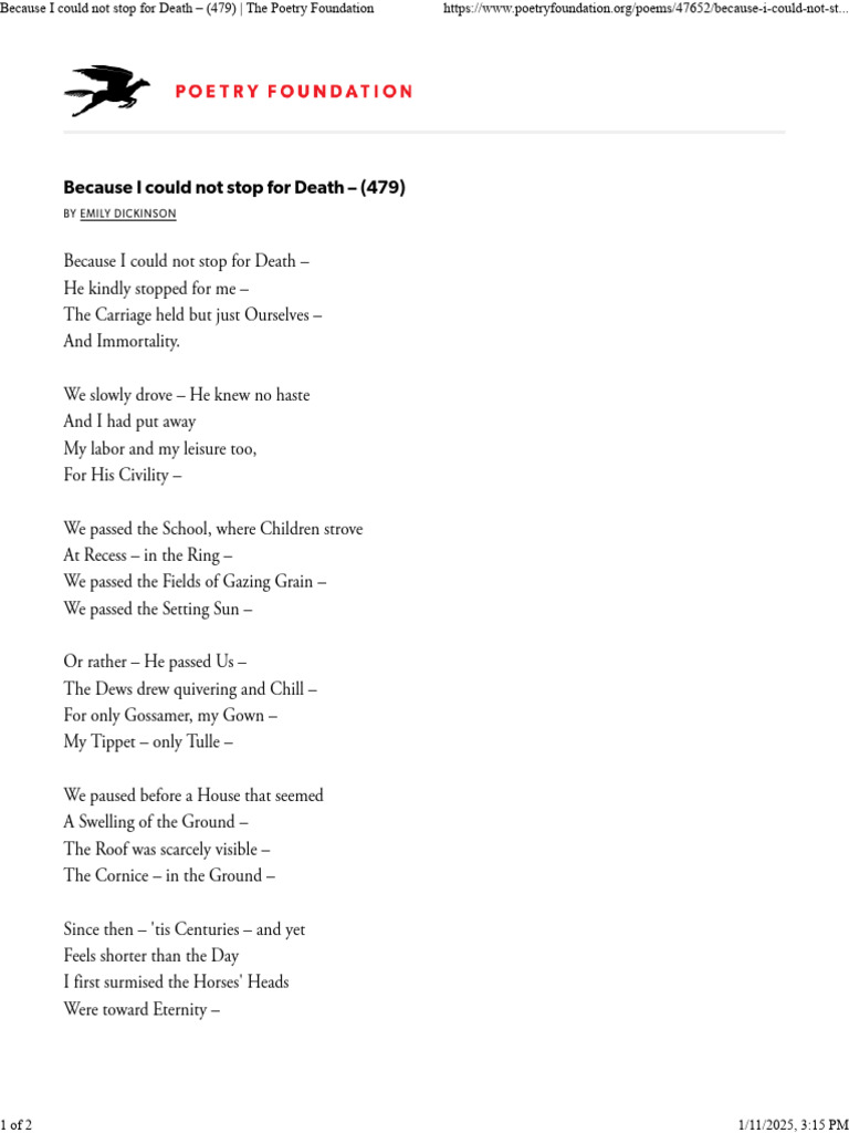 Because I Could Not Stop For Death - (479) : by Emily Dickinson | PDF