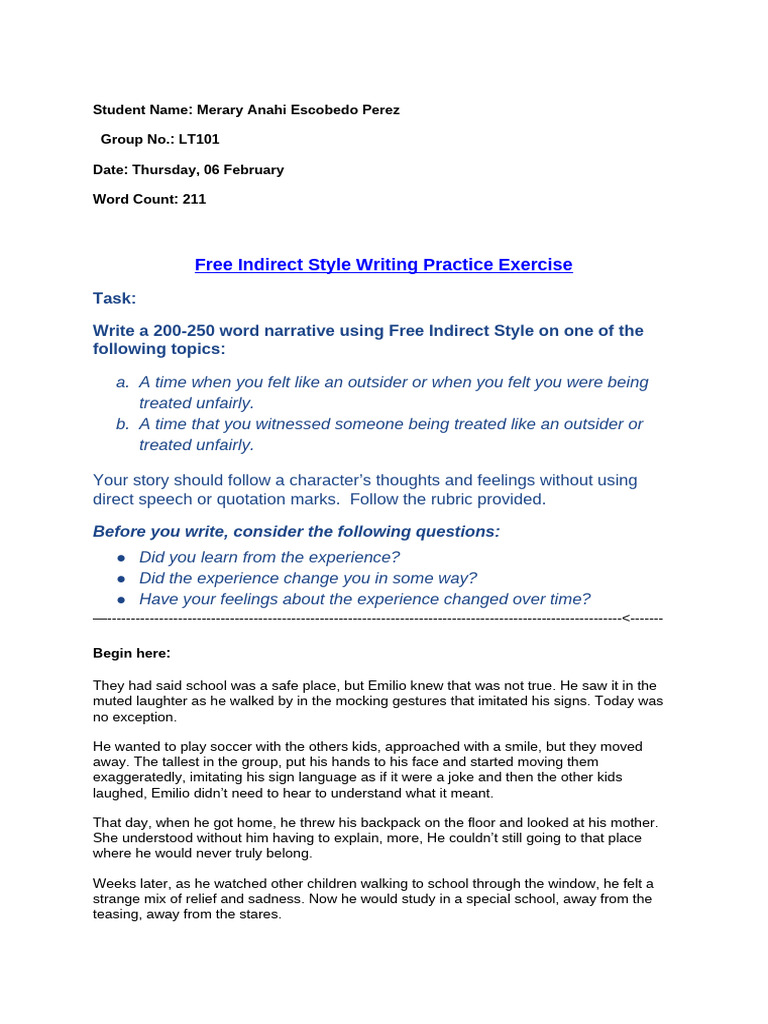 Merary Anahi Escobedo Perez - Free Indirect Style Writing Practice ...