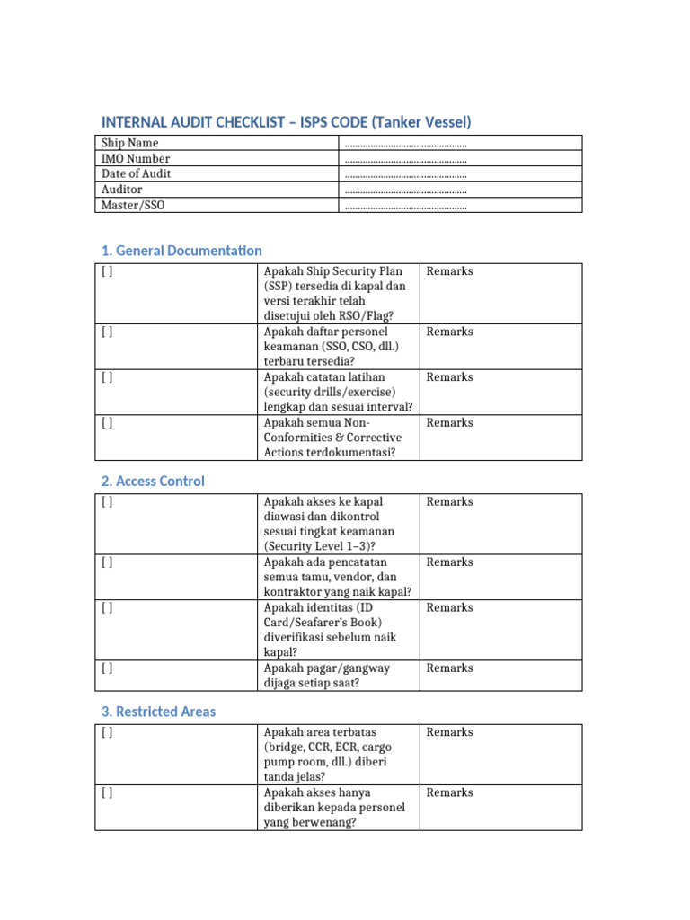 Checklist Audit Internal ISPS Kapal Tanker | PDF