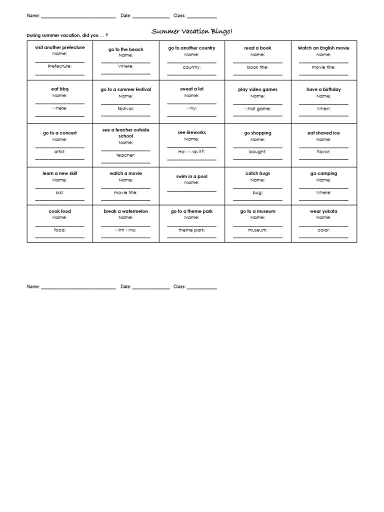 Summer Vacation Bingo | PDF
