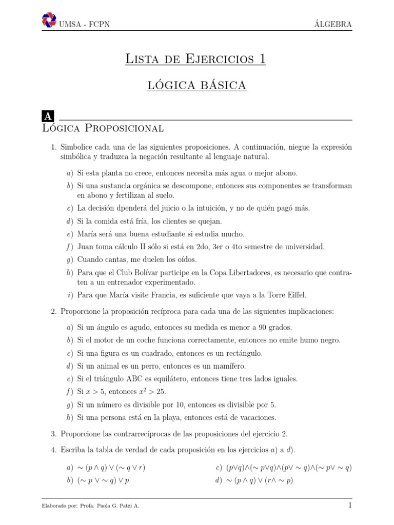 Lista de Ejercicios 1 - Álgebra | PDF | Proposición | Entero