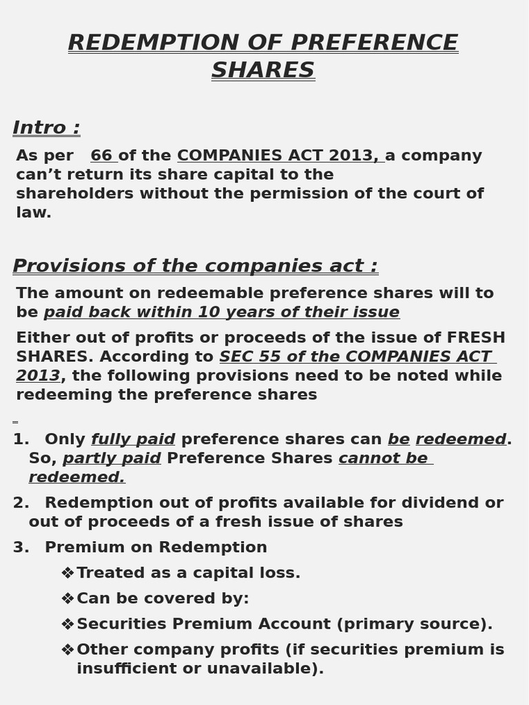 Redemption of Preference Shares | PDF | Equity (Finance) | Preferred Stock