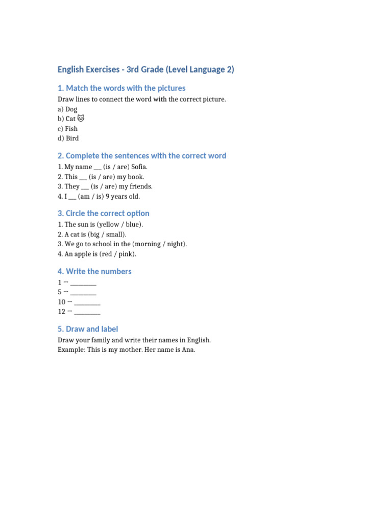 English Exercises 3rd Grade | PDF