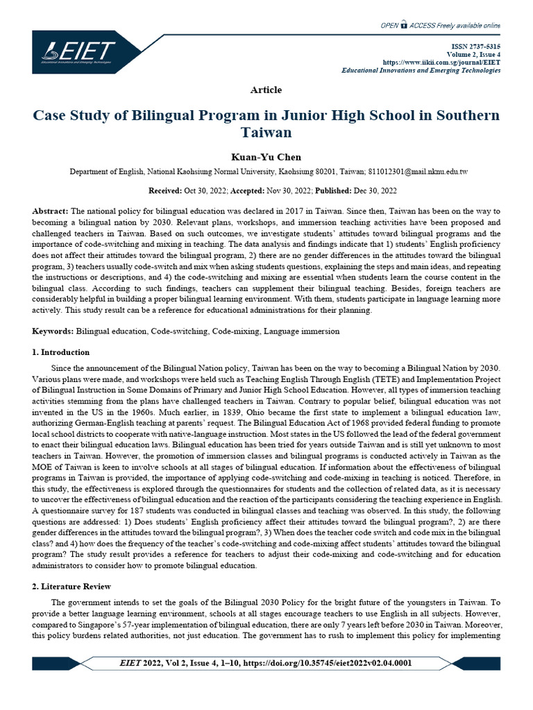 Case Study of Bilingual Program in Junior High School in Southern ...