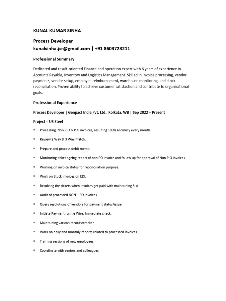 Kunal Kumar Sinha Resume | PDF | Accounts Payable | Invoice