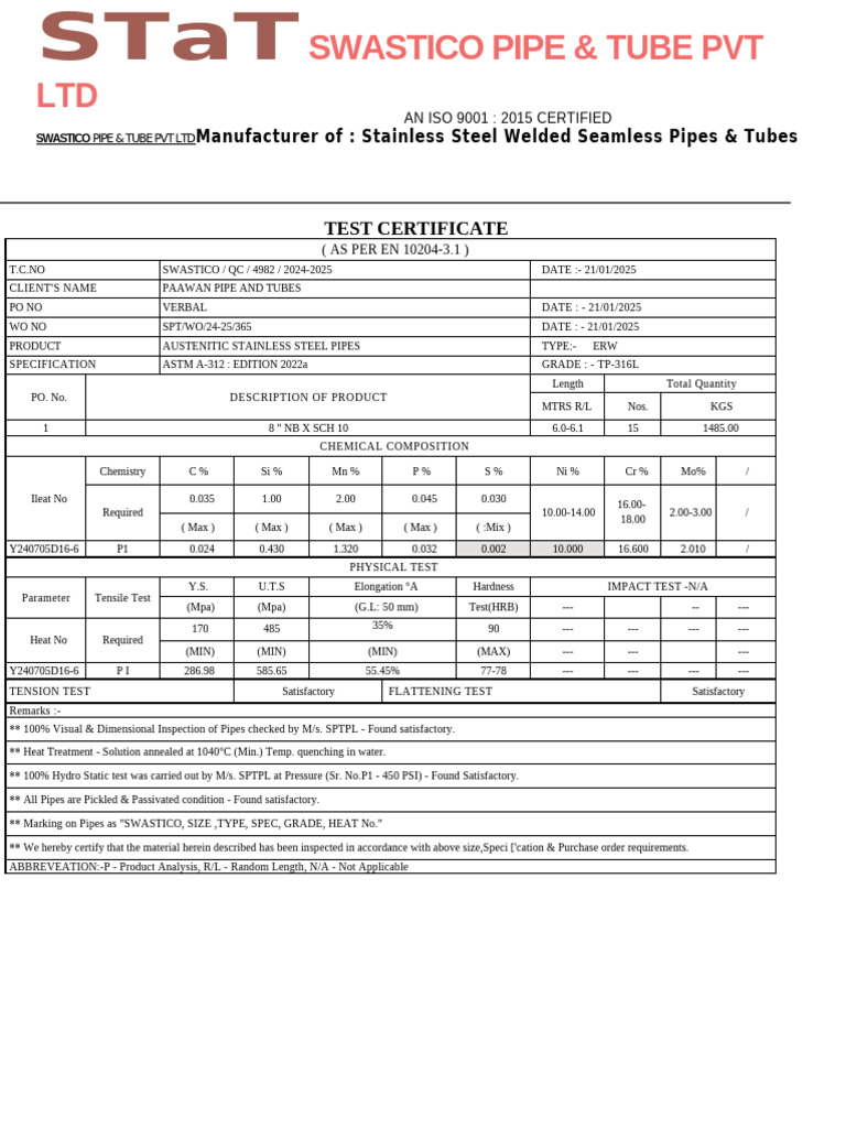 Swastico Pipe & Tube Test Certificate | PDF | Pipe (Fluid Conveyance ...