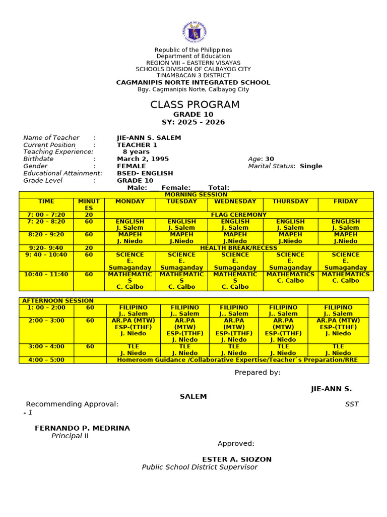Grade 10 Class Program SY 2025-2026 | PDF | Republic | Asia