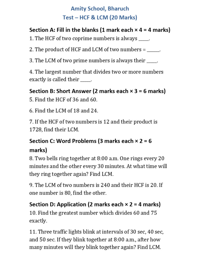 HCF & LCM Test for Class 5 | PDF
