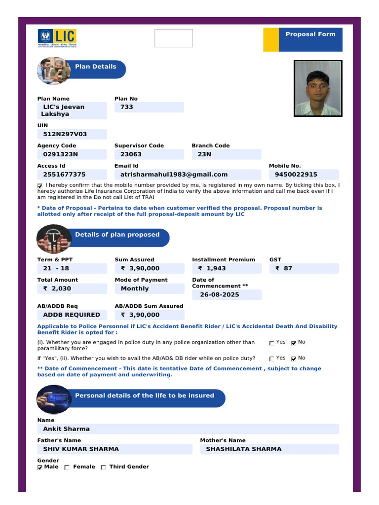 LIC's Jeevan Lakshya 733: Proposal Form | PDF | Insurance | Life Insurance