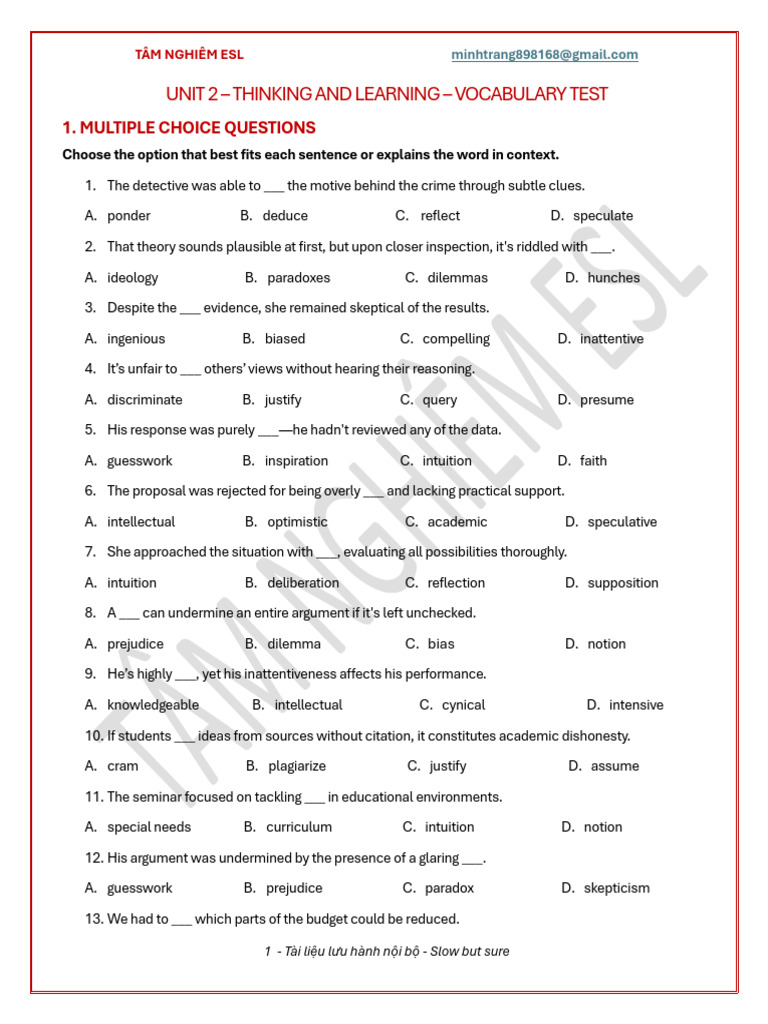 Unit 2 Vocabulary: Thinking & Learning | PDF | Teachers | Learning