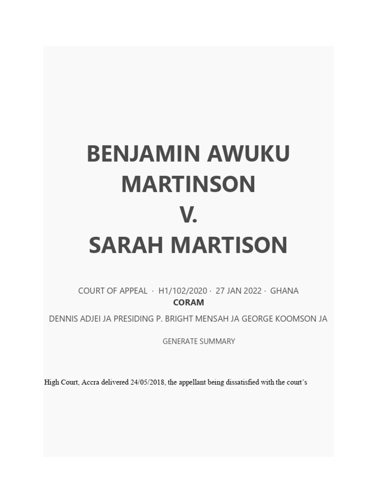 Benjamin Awuku Martinson v. Sarah Martison | PDF | Judgment (Law ...