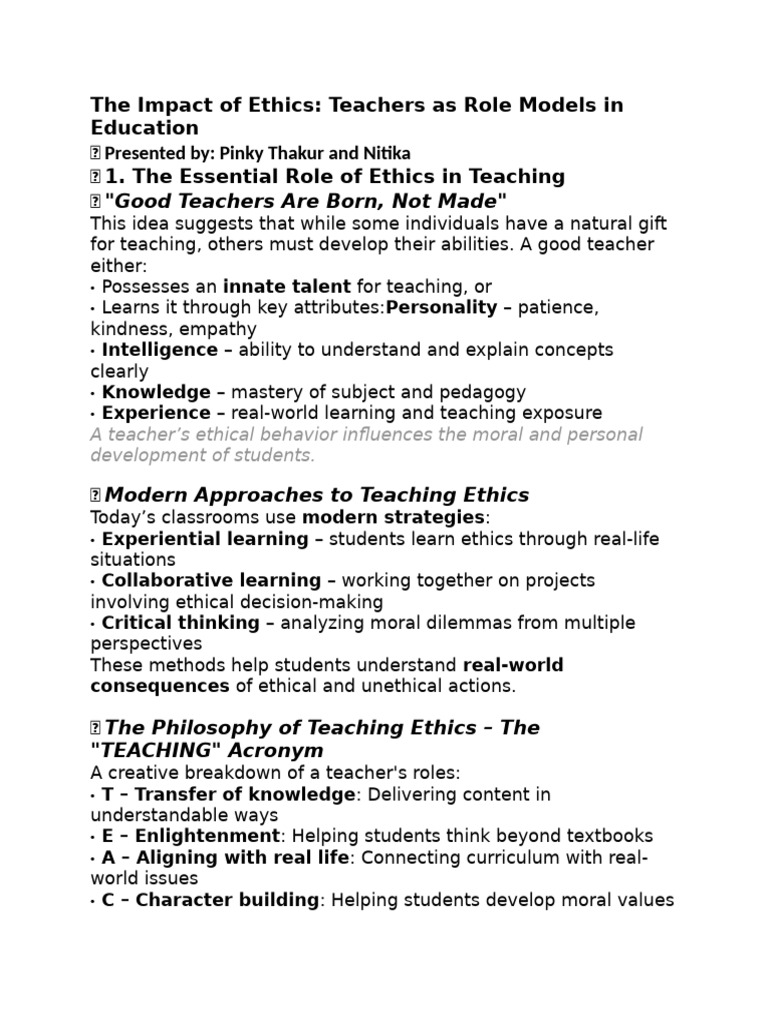 Teaching Ethics: Role Models in Education | PDF | Learning | Teachers