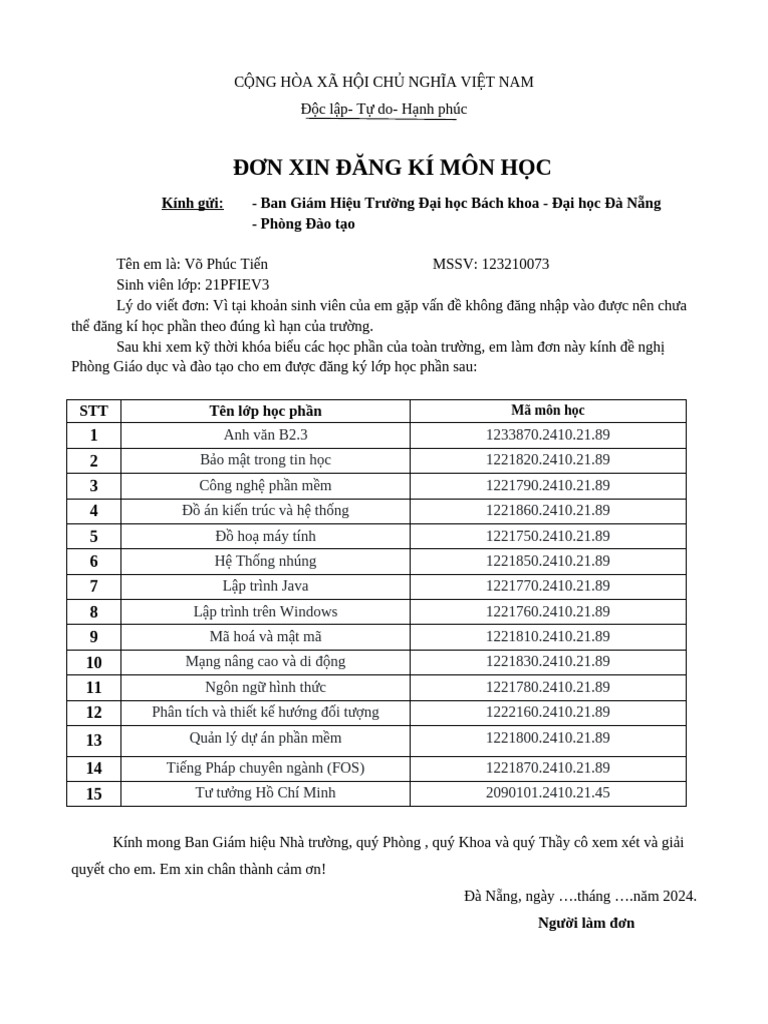 Don Xin Dang Ky Mon Hoc | PDF