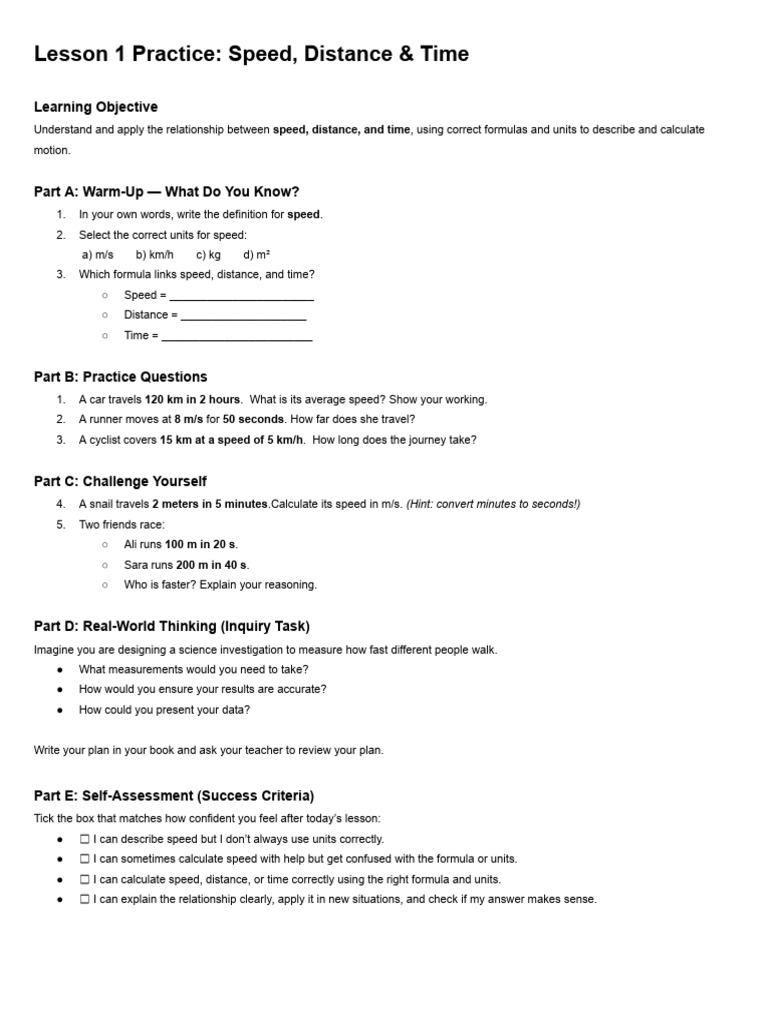 Speed, Distance, and Time Practice Guide | PDF