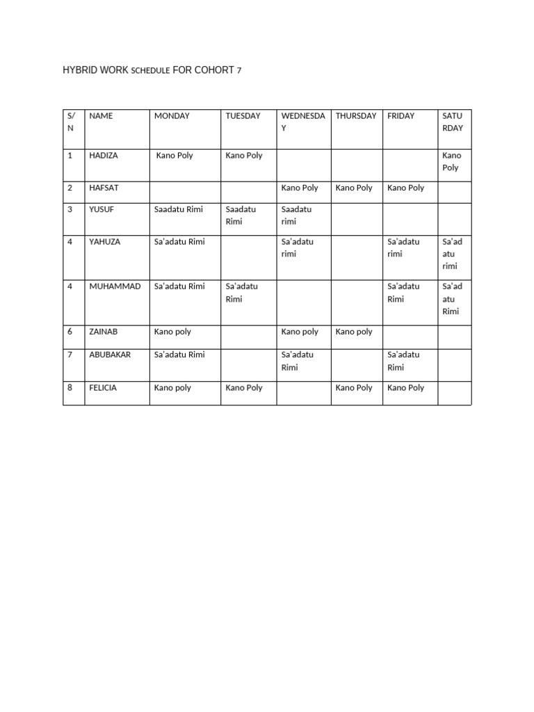 Hybrid Work Schedule Cohort 7 | PDF