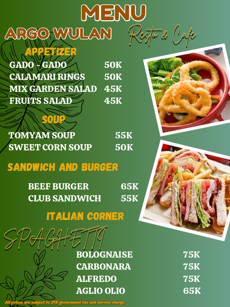Argo Wulan Resto & Cafe Menu | PDF | Hamburgers | Steak
