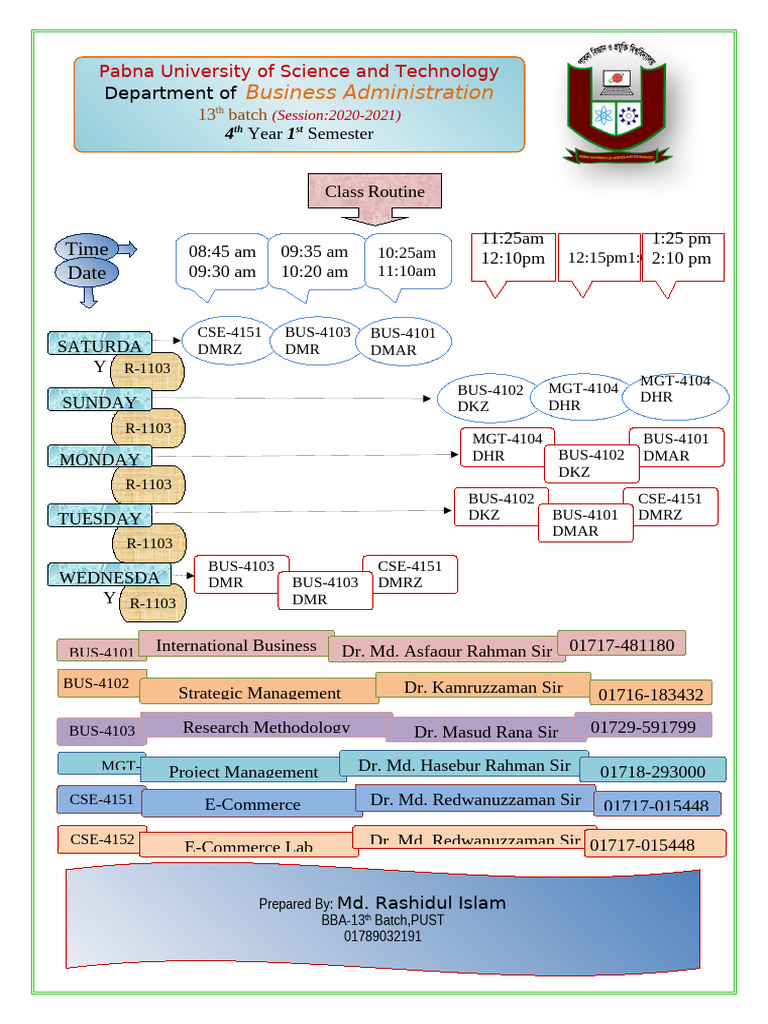 PUST BBA Class Schedule 2020-2021 | PDF