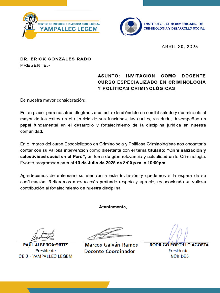 Invitación Dr. Erick Gonzales Rado | PDF