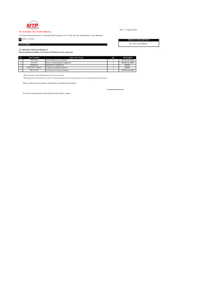 Purchase Order Ats Workshop Kendari DT Insiden | PDF