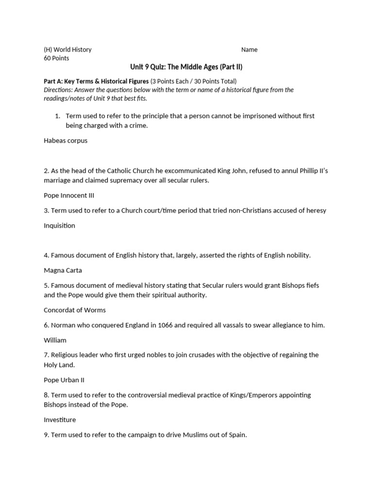 Middle Ages Unit 9 Quiz Overview | PDF | Middle Ages | Pope