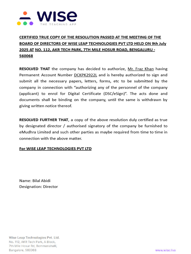 Updated Wise Board Resolution Fraz | PDF