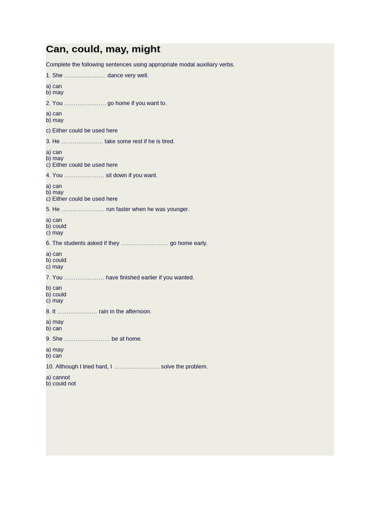 Modal Verbs: Can, Could, May Exercises | PDF