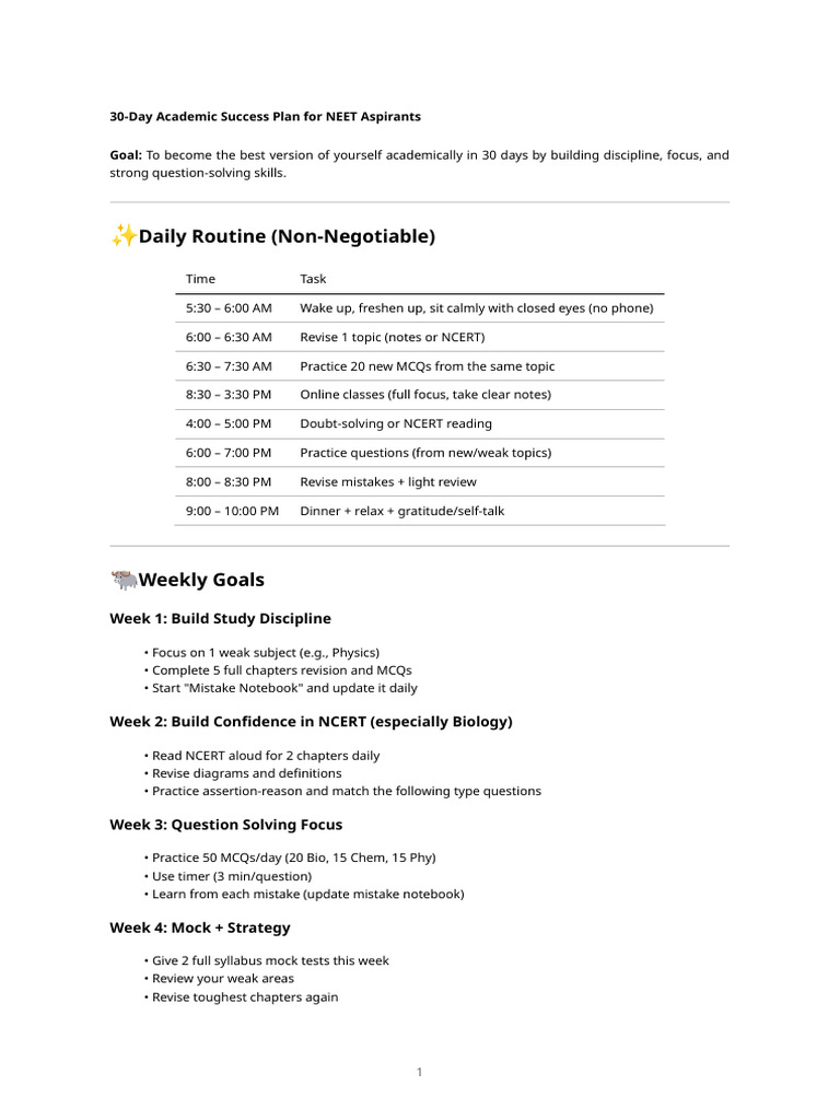 30-Day NEET Success Planner | PDF