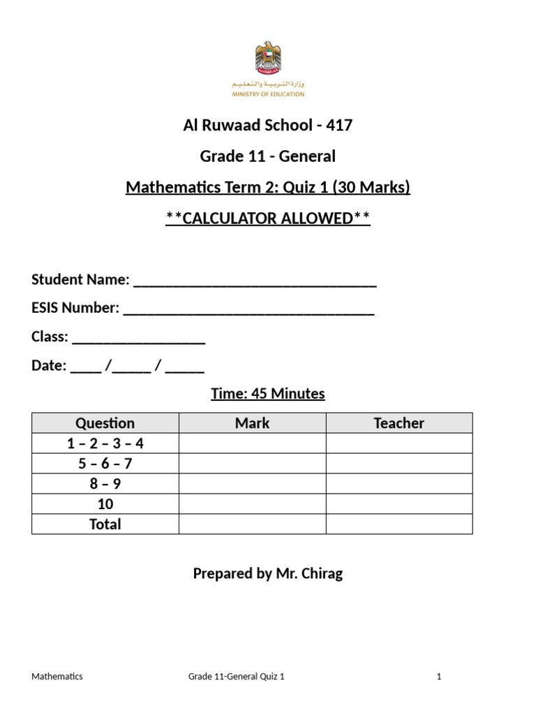 Grade 11 Mathematics Quiz 1 | PDF | Inequality (Mathematics) | Function ...