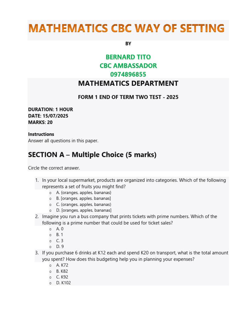 Form 1 Mathematics Test 2025 | PDF | Significant Figures