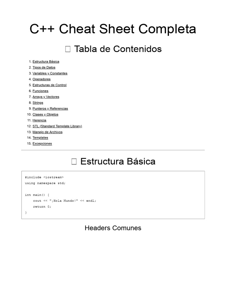 CPP Cheat Sheet | PDF | C ++ | Desarrollo de software