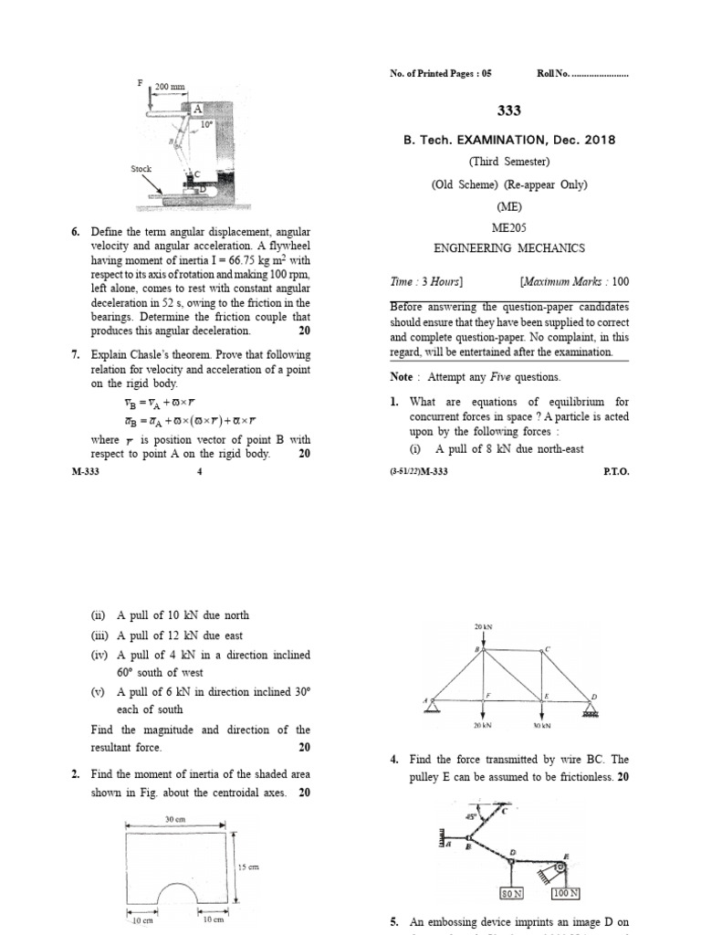 Engineering Mechanics Exam Questions | PDF | Acceleration | Rotation