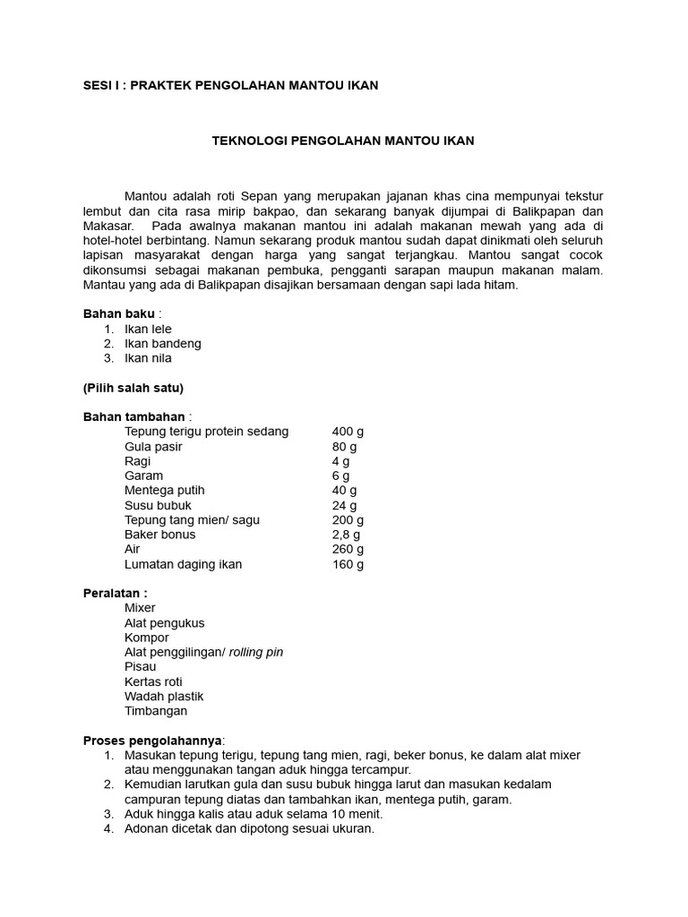 Resep Dan Properti Praktek Mantou Ikan | PDF