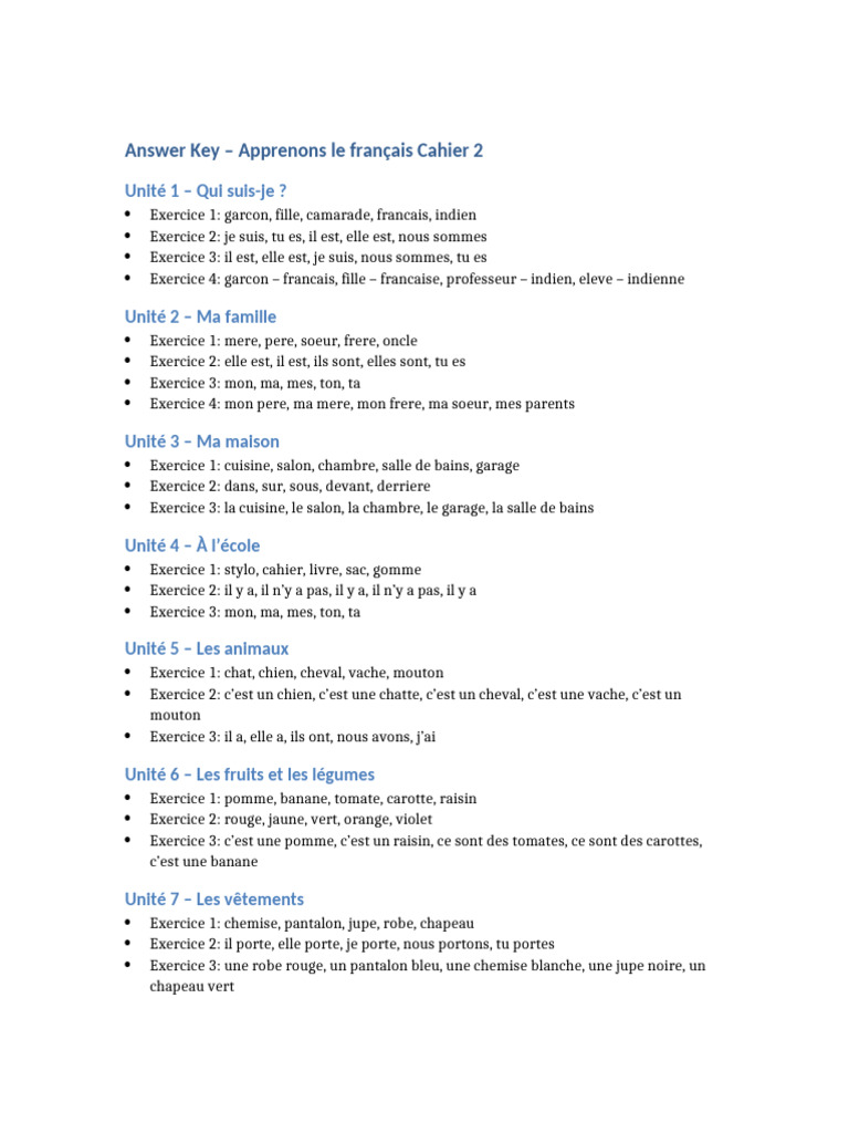 Clé de réponses Cahier Apprenons 2 | PDF