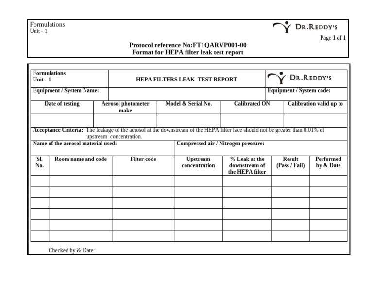 HEPA Filter Leak Test Report Format | PDF
