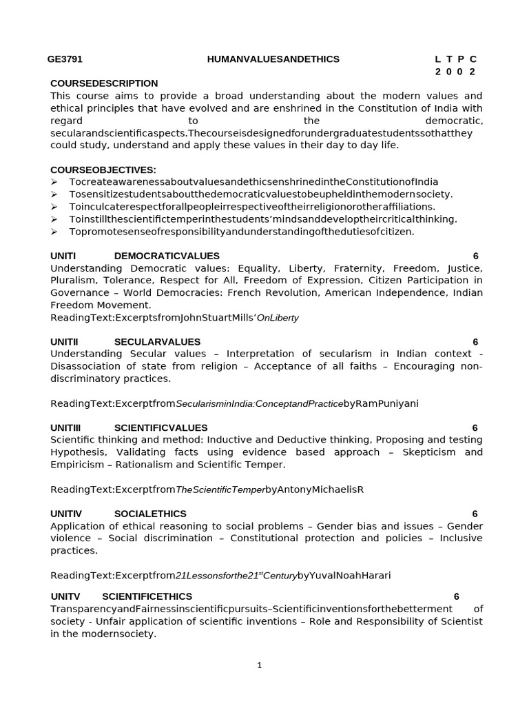 GE3791 HUMAN VALUES AND ETHICS Syllabus | PDF | Secularism | Democracy