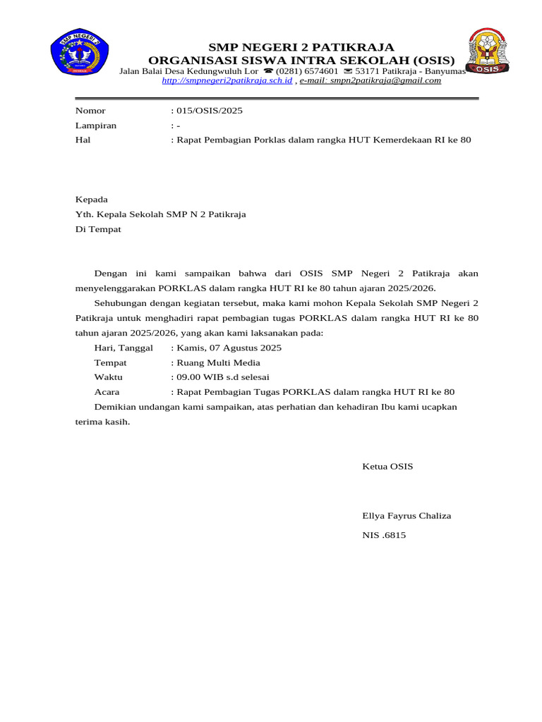 Undangan Rapat OSIS HUT RI ke-80 | PDF