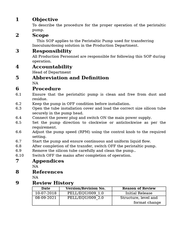 Peristaltic Pump Operation SOP | PDF