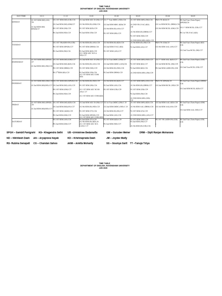 New Time Table July 2025 Semester | PDF