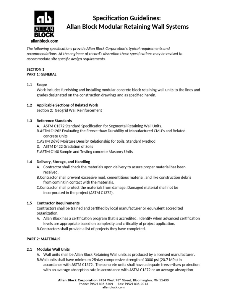 Allan Block Spec Guidelines | PDF | Concrete