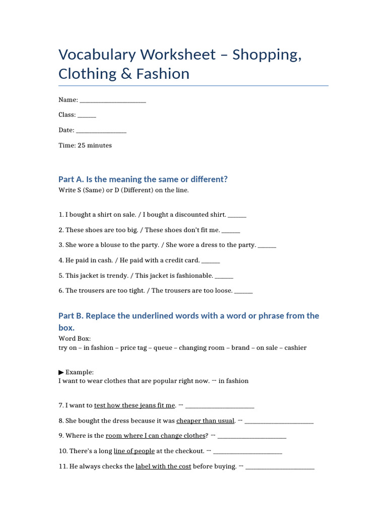 Vocabulary Worksheet Shopping Clothing Fashion | PDF