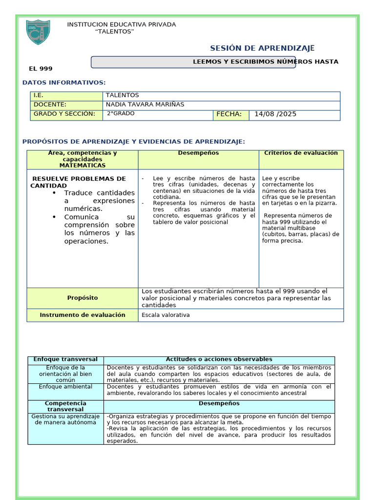 Actividad de Aprendizaje 14 Leemos y Escribimos Números Hasta El 999 ...