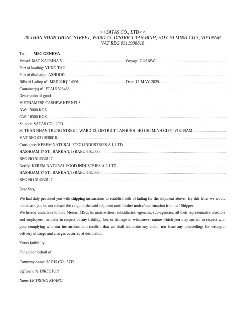 Shipping Instructions for Cashew Export | PDF | Cargo | Bill Of Lading