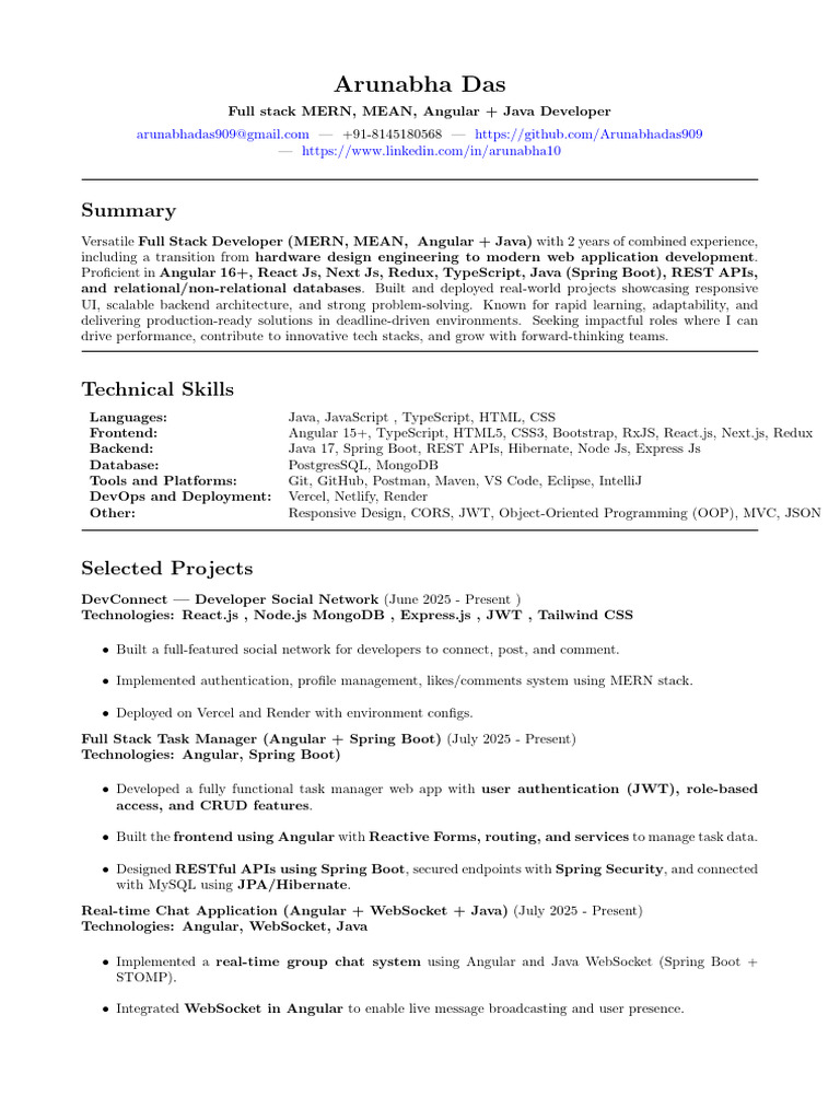 Arunabha Das MERN MEAN Angular Java Stack Resume (13 Aug 2025) | PDF | Java (Programming ...