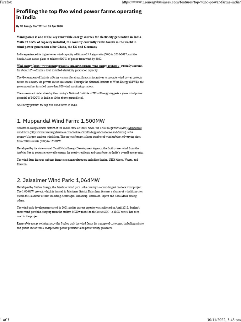 Top Wind Farms in India: Key Profiles | PDF | Wind Farm | Wind Power