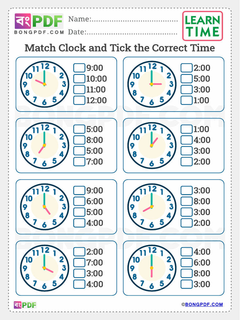 Match Clock Tick Correct Time English Worksheet | PDF