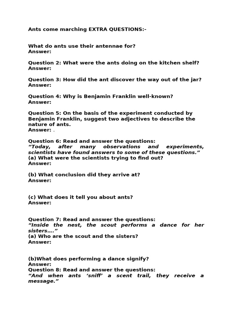 Ants Come Marching EXTRA QUESTIONS | PDF