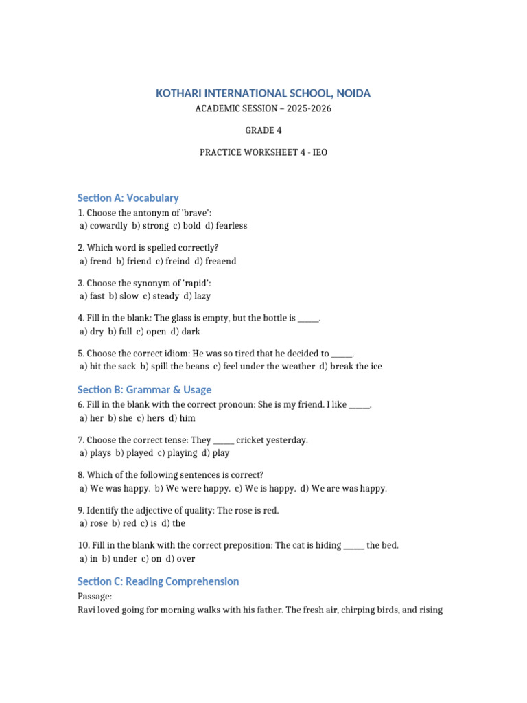 Grade 4 IEO Practice Worksheet 2025-26 | PDF | Linguistics | Grammar